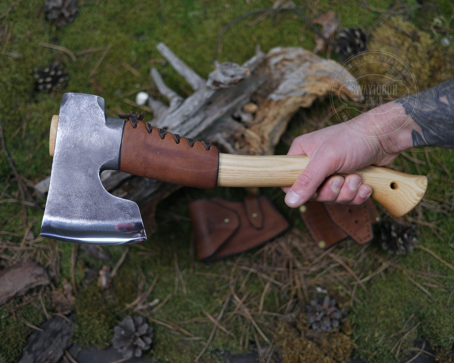 Set Hand Forged Bushcraft Axe with Leather Belt Loop