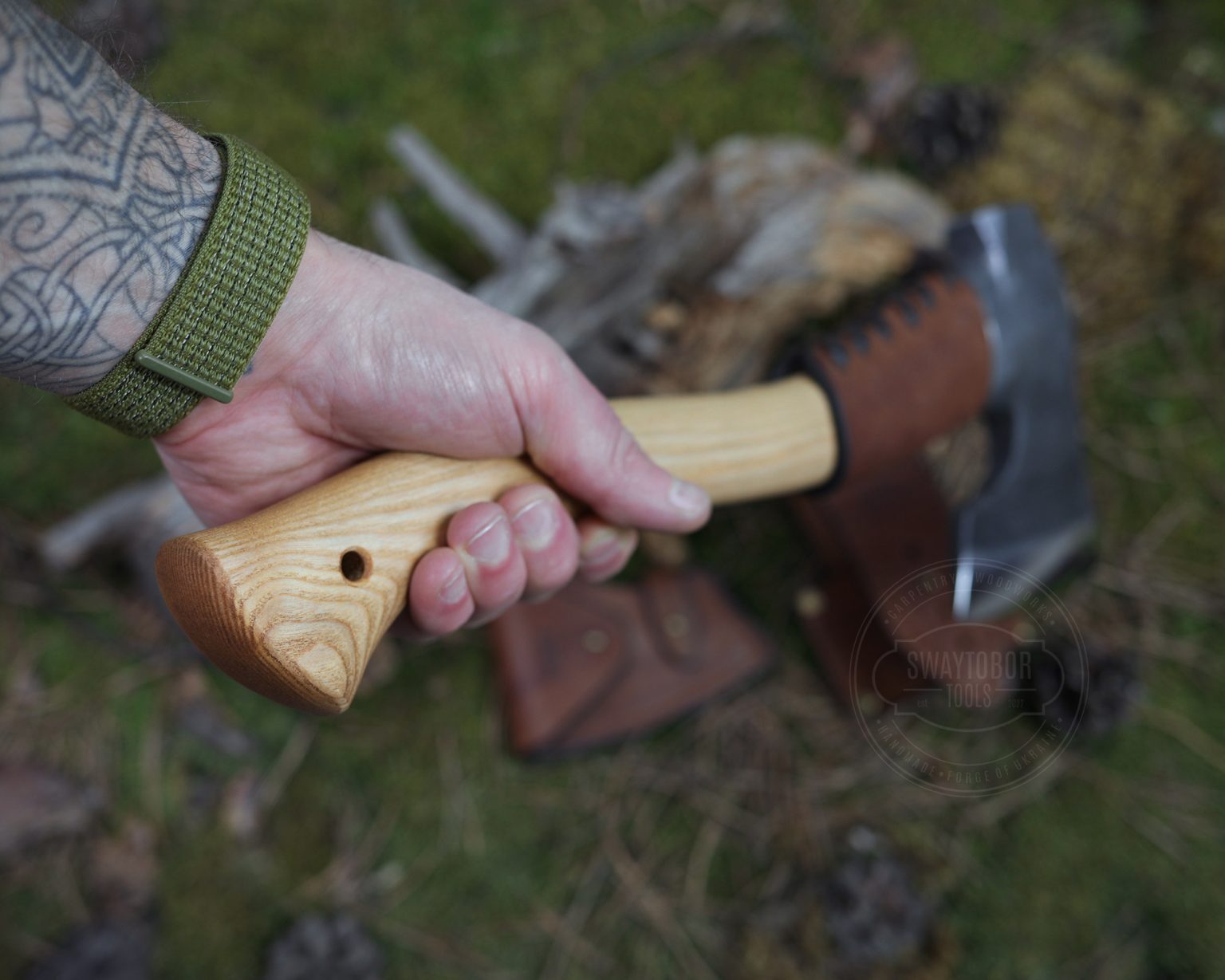 Set Hand Forged Bushcraft Axe with Leather Belt Loop