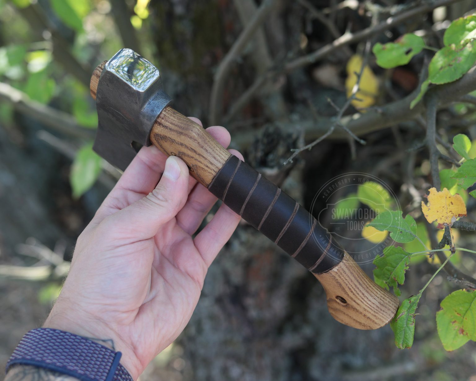 Hand-Forged Bushcraft Axe with Leather-Wrapped Handle