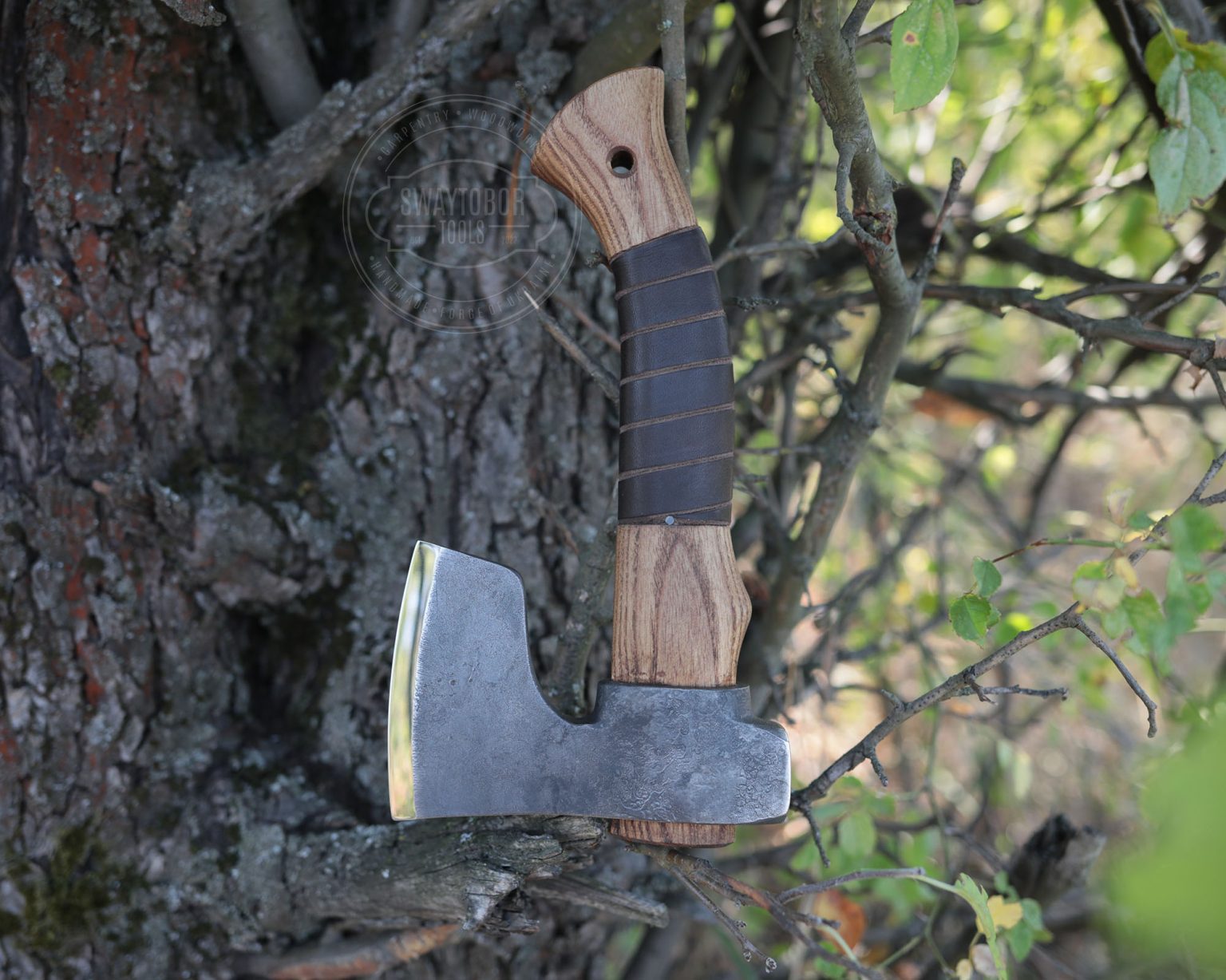 Hand-Forged Bushcraft Axe with Leather-Wrapped Handle